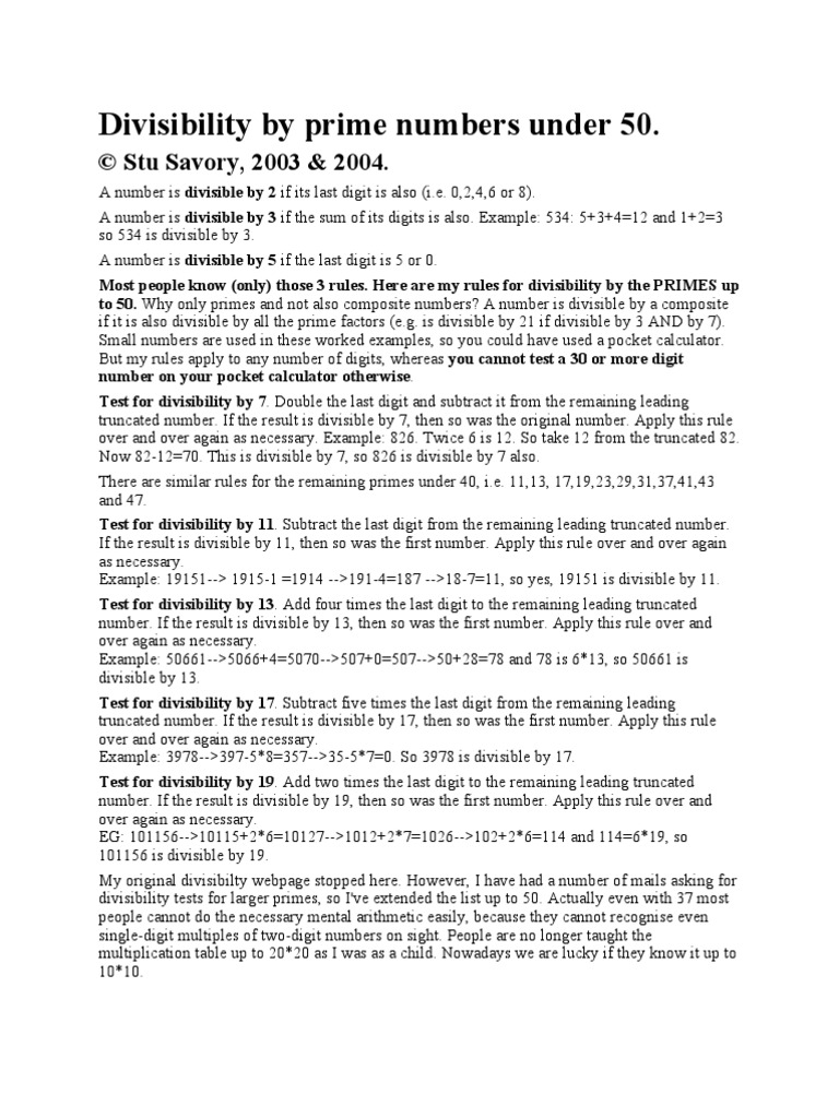 Divisibility by Prime Numbers Under 50 | PDF | Number Theory ...