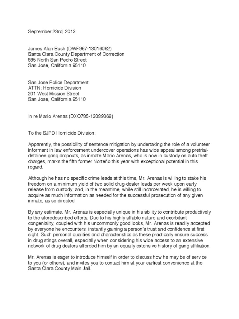 Letter To Police Re Volunteer Informant Mario Arenas | PDF