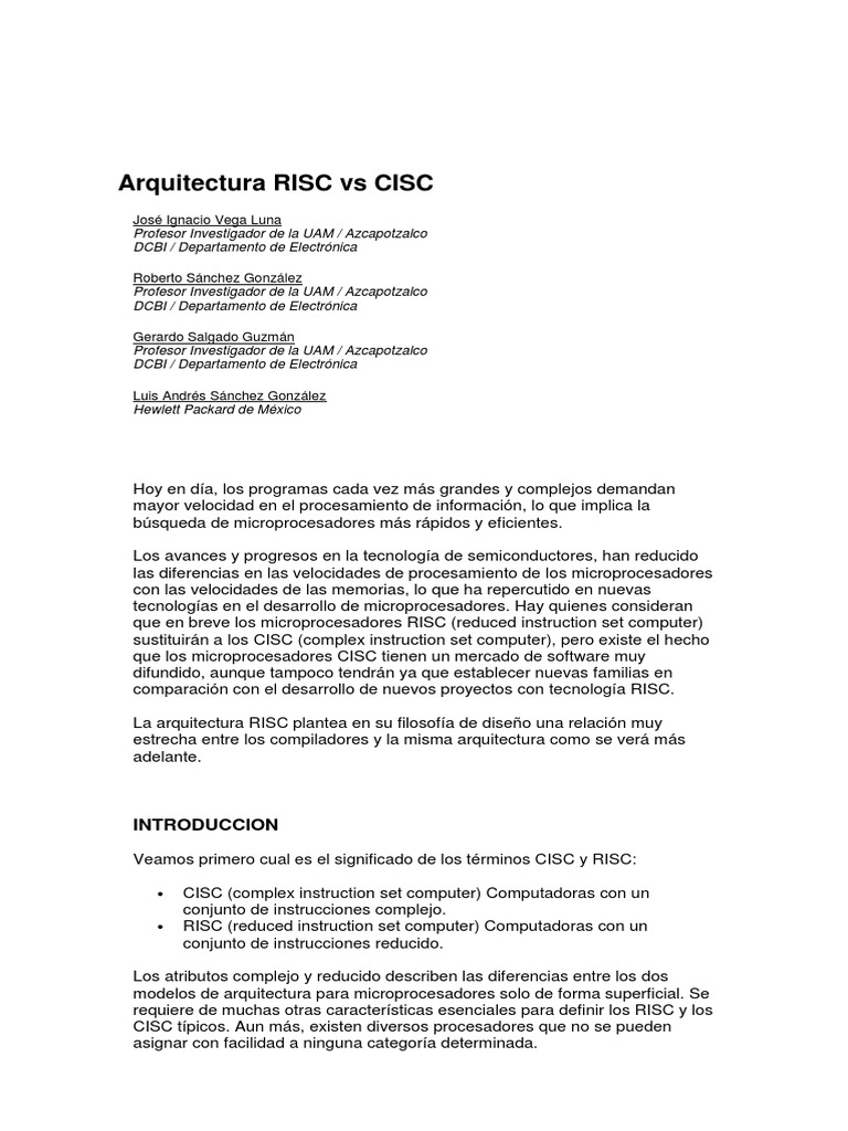 Comparativa de Arquitecturas RISC y CISC | PDF | Unidad Central de procesamiento | Microprocesador