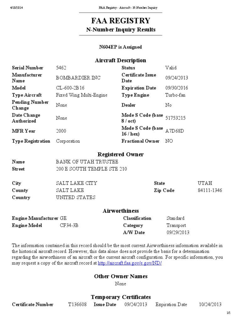 FAA Registry - Aircraft - N-Number Inquiry | PDF