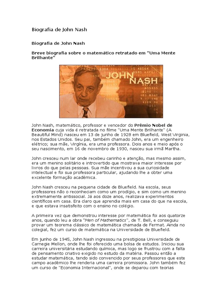 Biografia de John Nash | PDF | Instituto de Tecnologia de Massachusetts | Ensino de Matemática