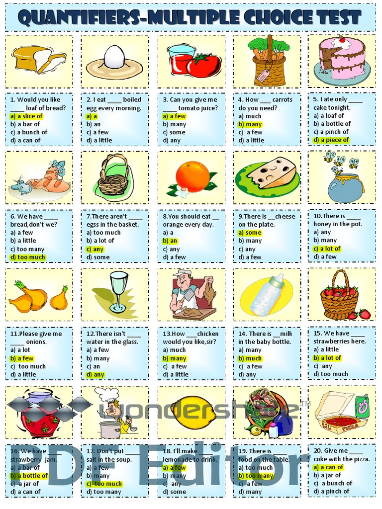 Quantity Quantifiers Multiple Choice Test Worksheet Resueltos | PDF