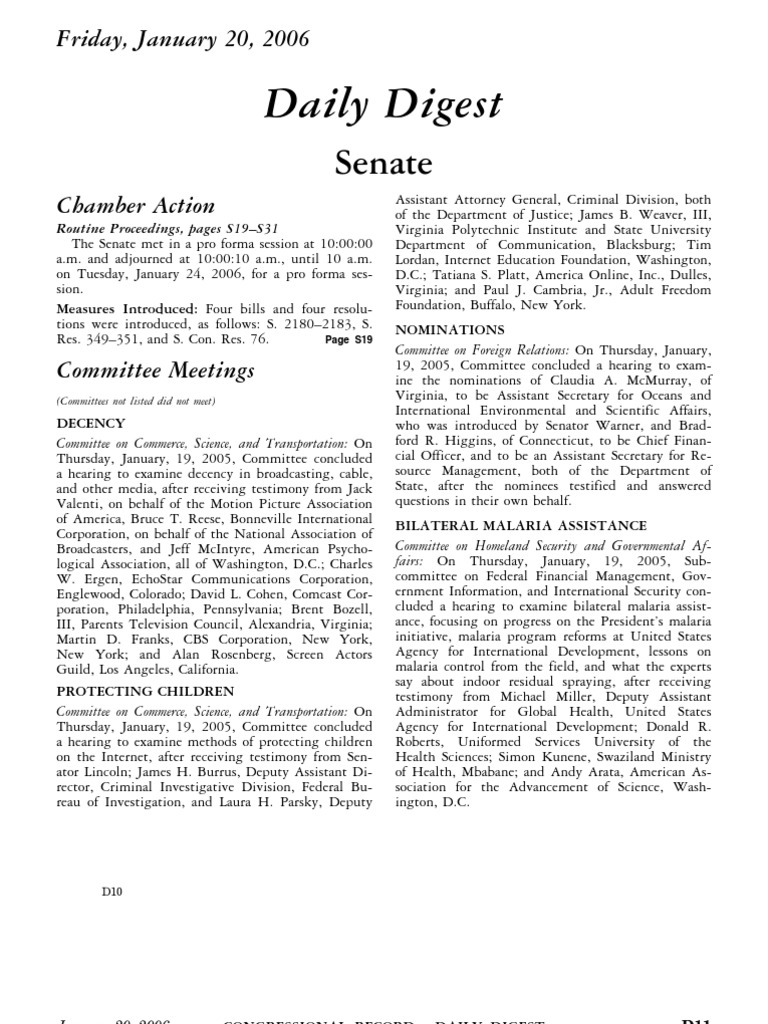 US Congressional Record Daily Digest 20 January 2006 | PDF | United ...
