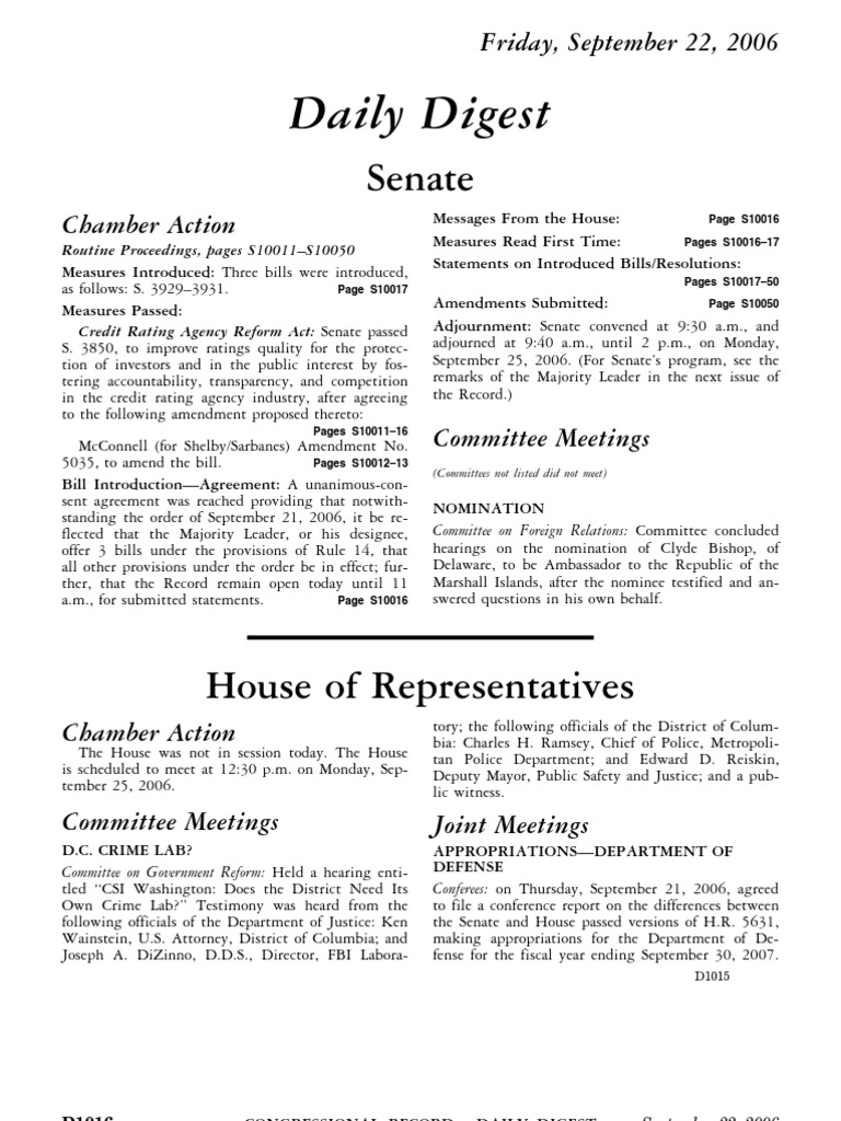 US Congressional Record Daily Digest 22 September 2006 | PDF | United ...