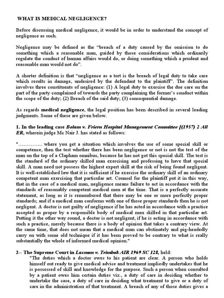 in The Leading Case Bolam v. Friern Hospital Management Committee ...