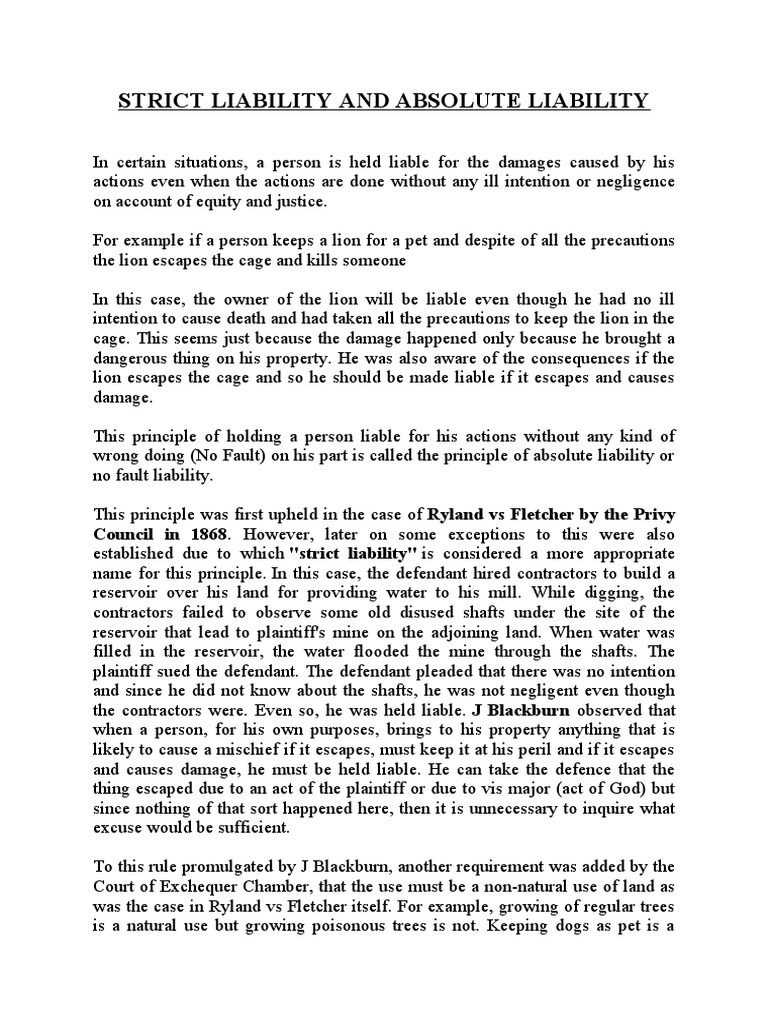 Strict & Absolute Liability | PDF | Strict Liability | Tort