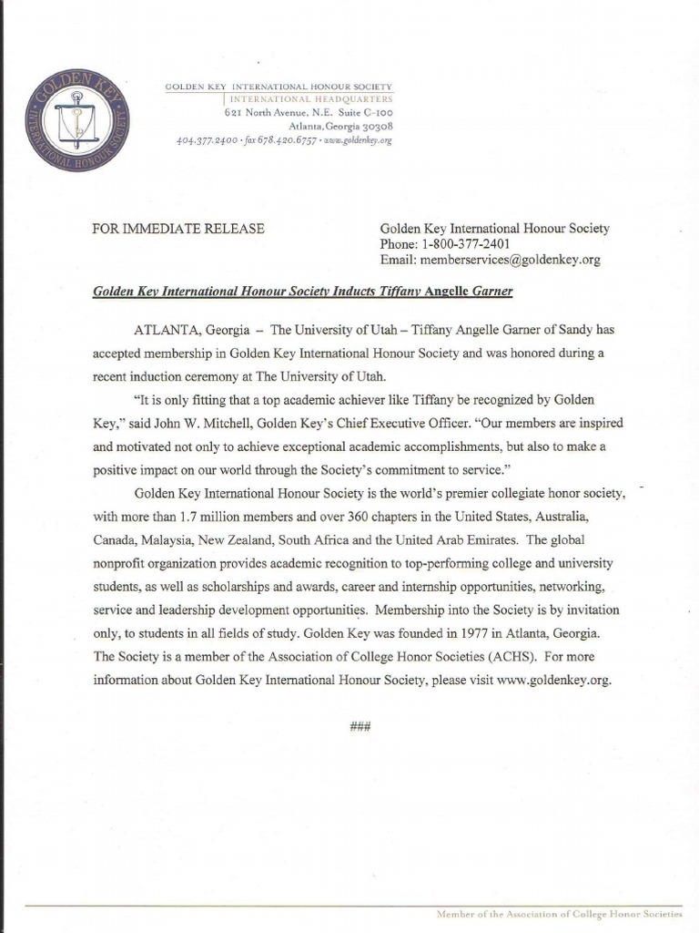 Tiffany Angelle Joins Golden Key Society | PDF