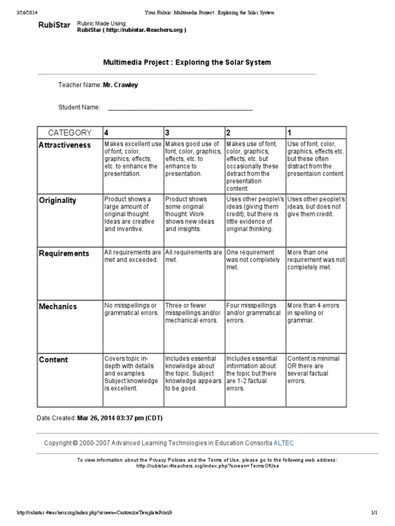 Solar System Model Rubric