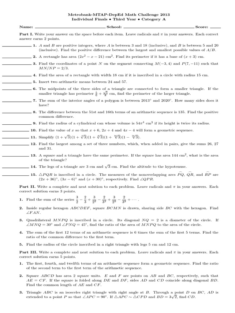 Solutions to Math Challenge Problems Involving Arithmetic and Geometric ...