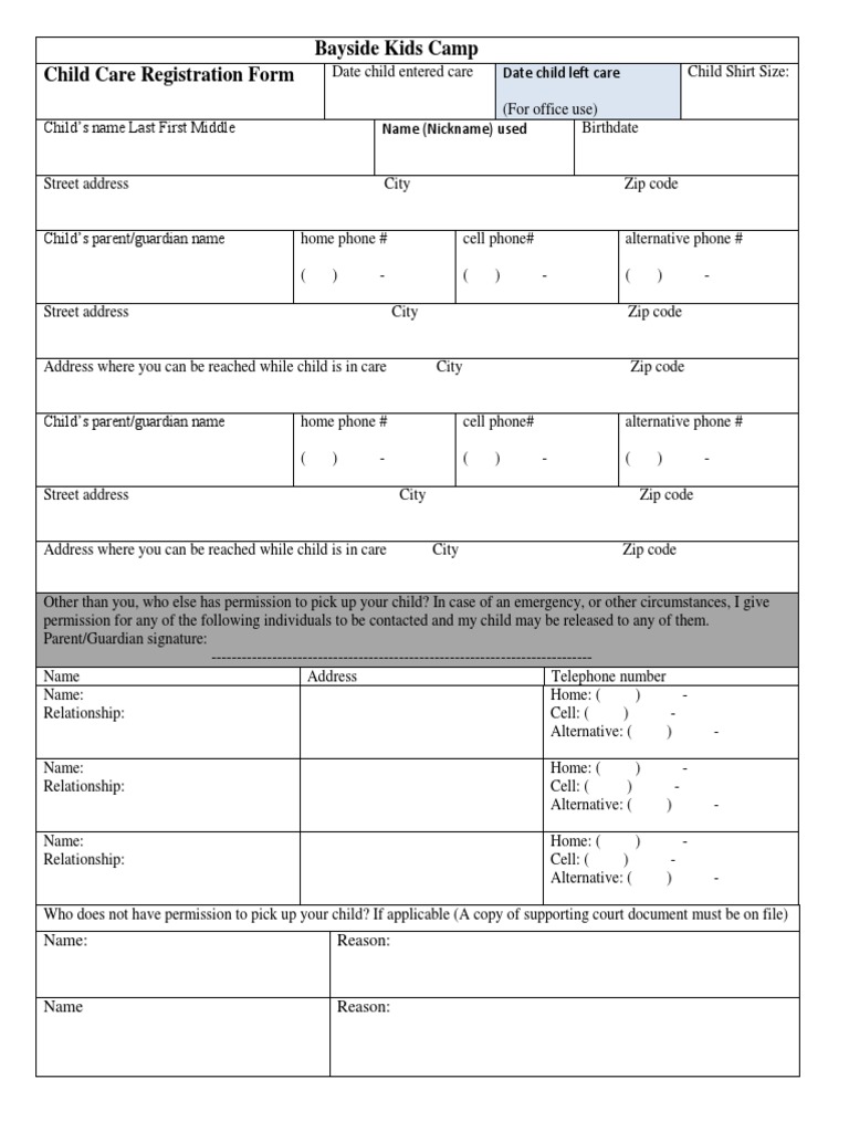 Child Care Registration Form | PDF | Informed Consent | Health Care