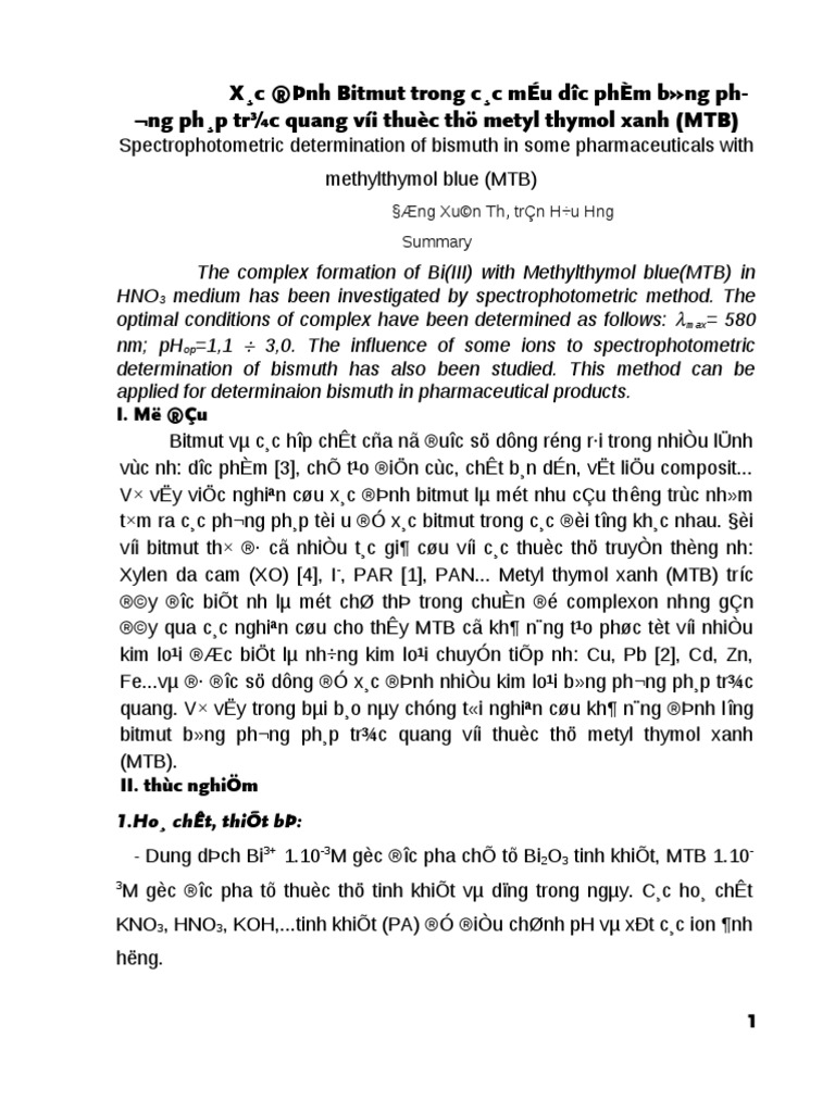 X C ®ÞNH Bitmut Trong C C Méu Dîc Phèm B NG PH - NG PH P TR C Quang Víi Thuèc Thö Metyl Thymol ...
