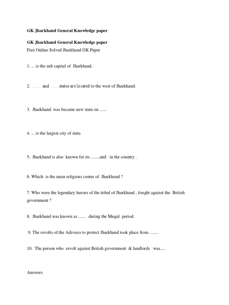 GK Jharkhand General Knowledge Paper | PDF