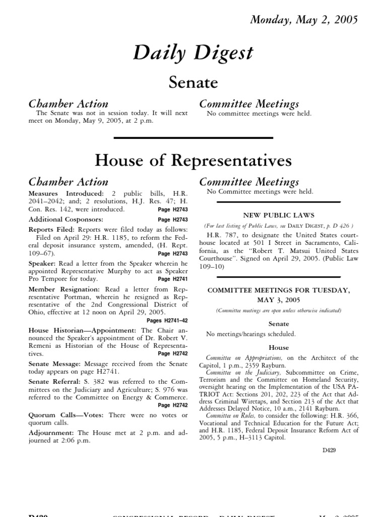 US Congressional Record Daily Digest 02 May 2005 | PDF | United States ...