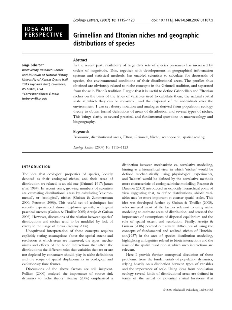 Grinnellian and Eltonian Niches and Geographic Distributions of Species ...