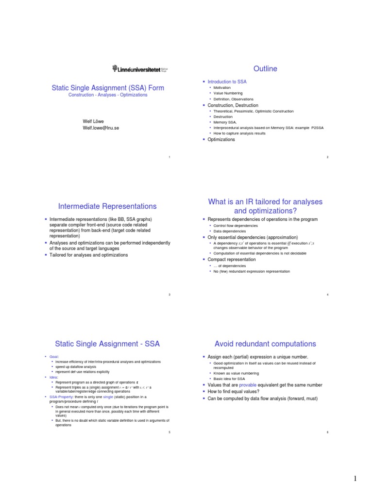 Outline: Static Single Assignment (SSA) Form | PDF | Teaching Methods & Materials