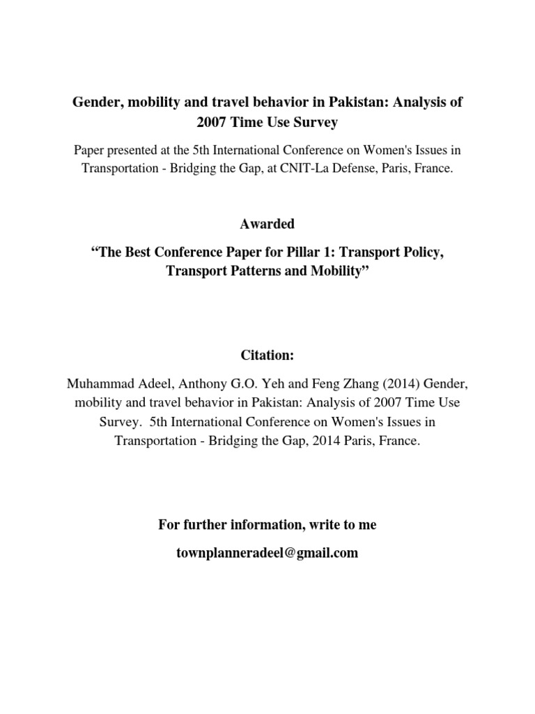 Final Manuscript - Adeel Et Al Gender Mobility and Travel Behavior in Pakistan Analysis of Time ...