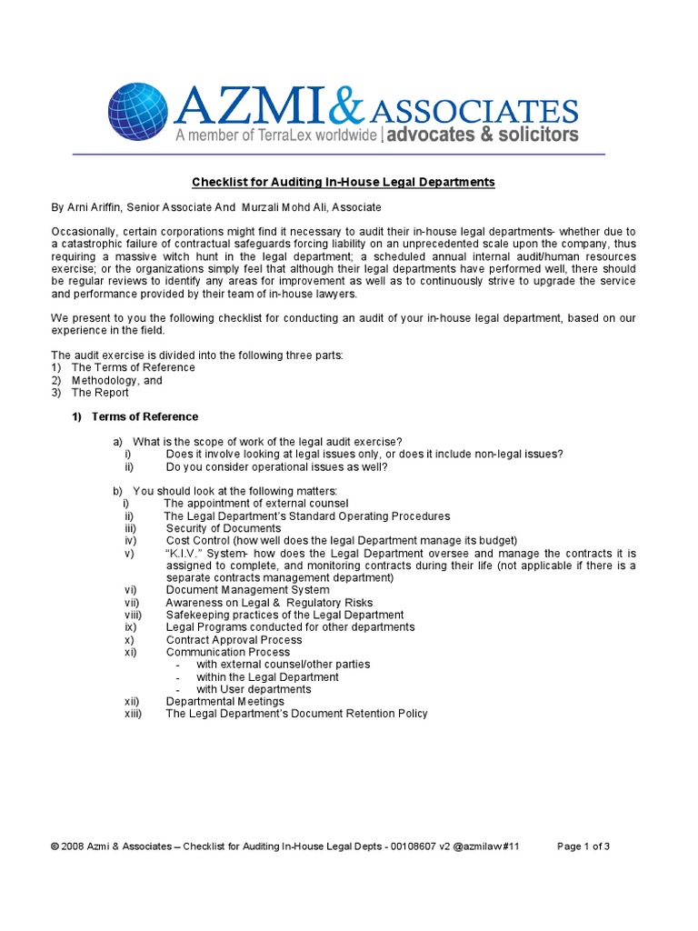 Checklist For Auditing In-House Legal Depts | PDF | Internal Audit | Audit