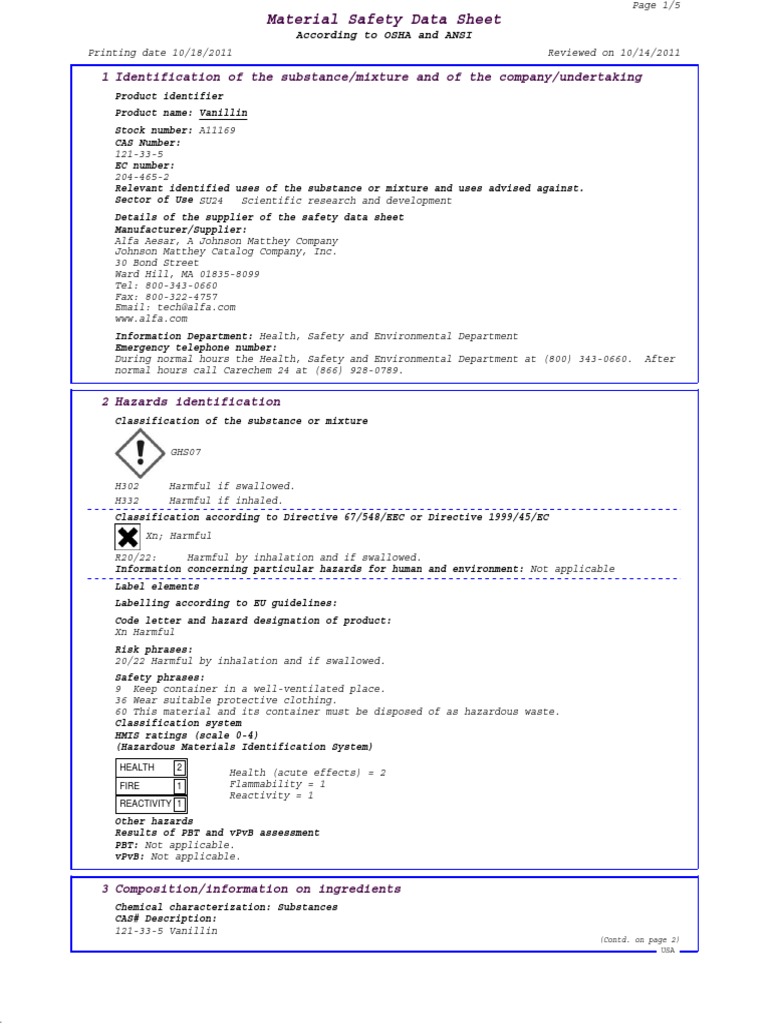 Vanillin Safety Data Sheet Overview | PDF | Dangerous Goods | Toxicity