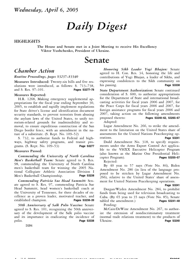 US Congressional Record Daily Digest 06 April 2005 | PDF | United ...