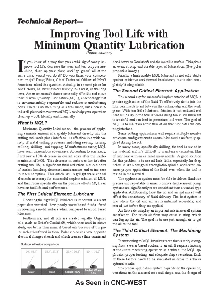 Improving Tool Life With Mql Pdf Lubricant Machining