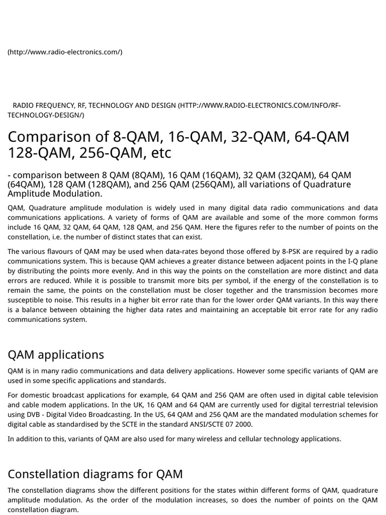 Comparison of 8-QAM, 16-QAM, 32-QAM, 64-QAM 128-QAM, 256-QAM, Etc | PDF | Modulation | Radio