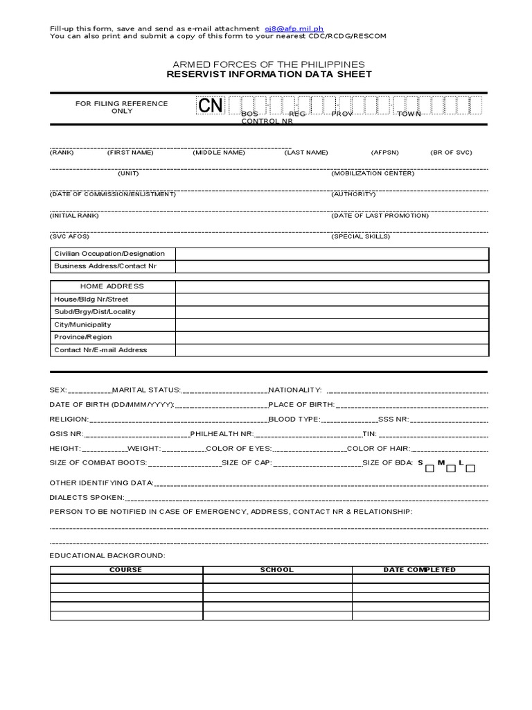 Armed Forces of The Philippines Reservist Information Data Sheet | PDF