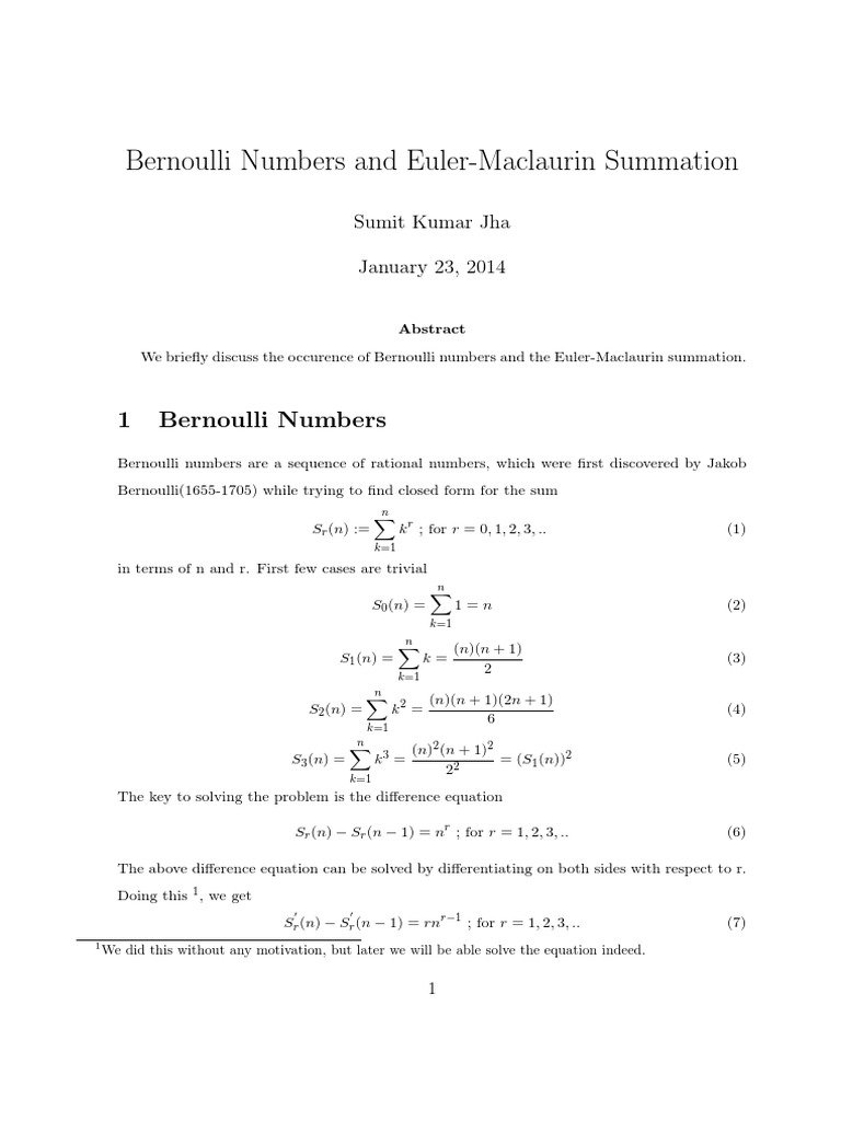 Bernoulli Numbers and Euler-Maclaurin Summation | PDF | Functions And Mappings | Complex Analysis