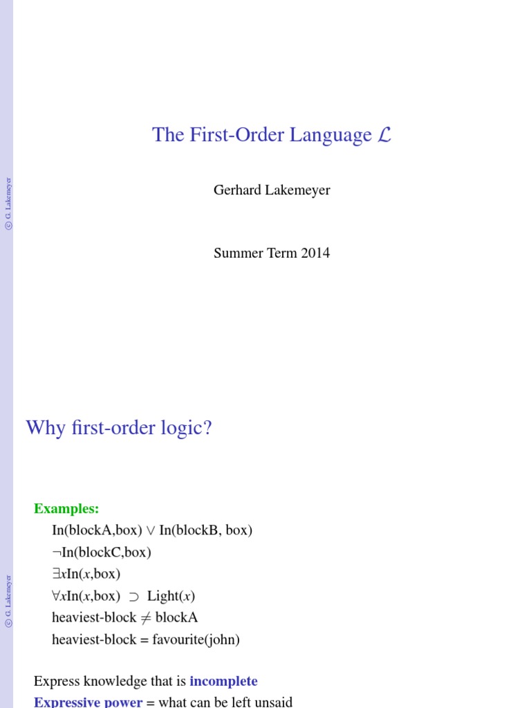The First-Order Language L: Gerhard Lakemeyer | PDF | Interpretation ...