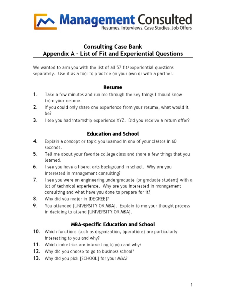 Appendix A - List of Fit and Experiential Questions | PDF | Master Of ...