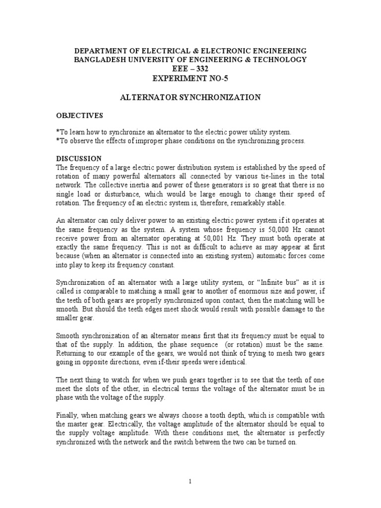 EEE - 332 Experiment No-5 Alternator Synchronization | PDF | Alternating Current | Electric Power