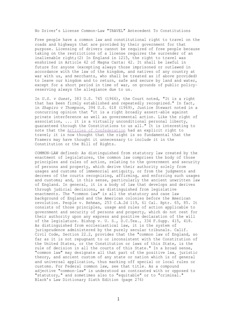 No Driver's License Common-Law "TRAVEL" Antecedent To Constitutions ...
