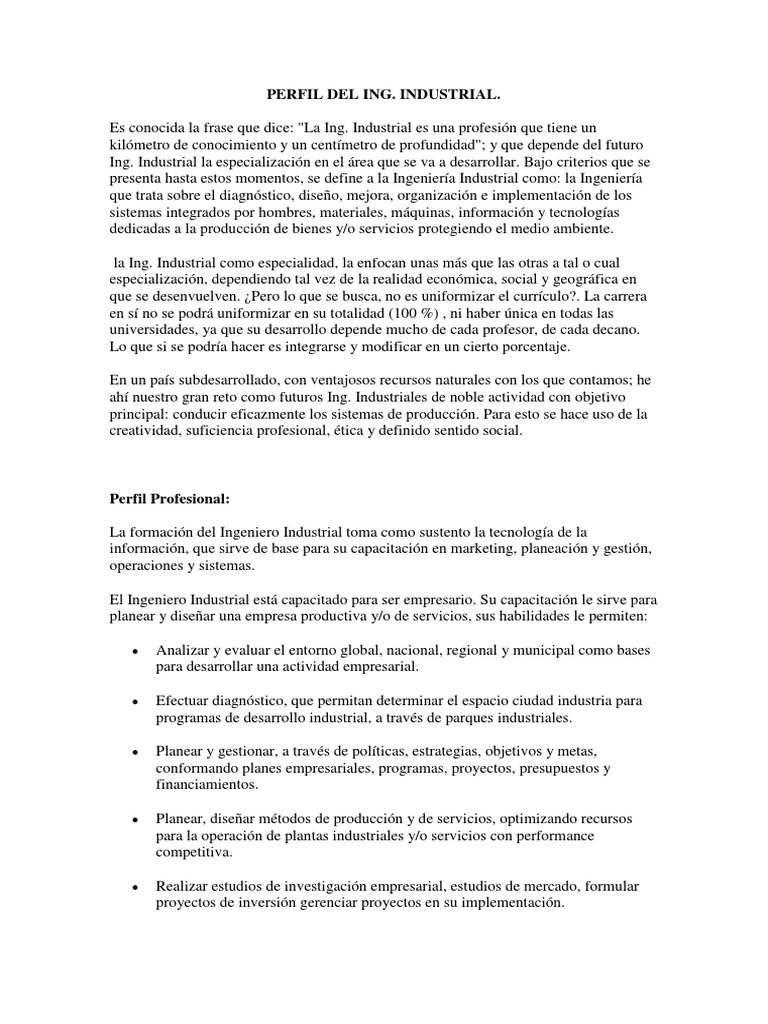 Perfil Del Ingeniero Industrial Habilidades Y Funciones Pdf