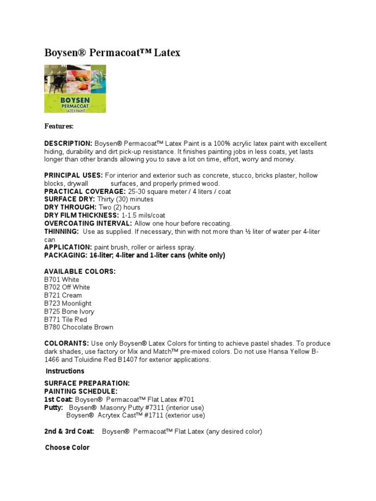 Boysen® Permacoat™ Latex: Features | PDF | Acrylic Paint | Paint