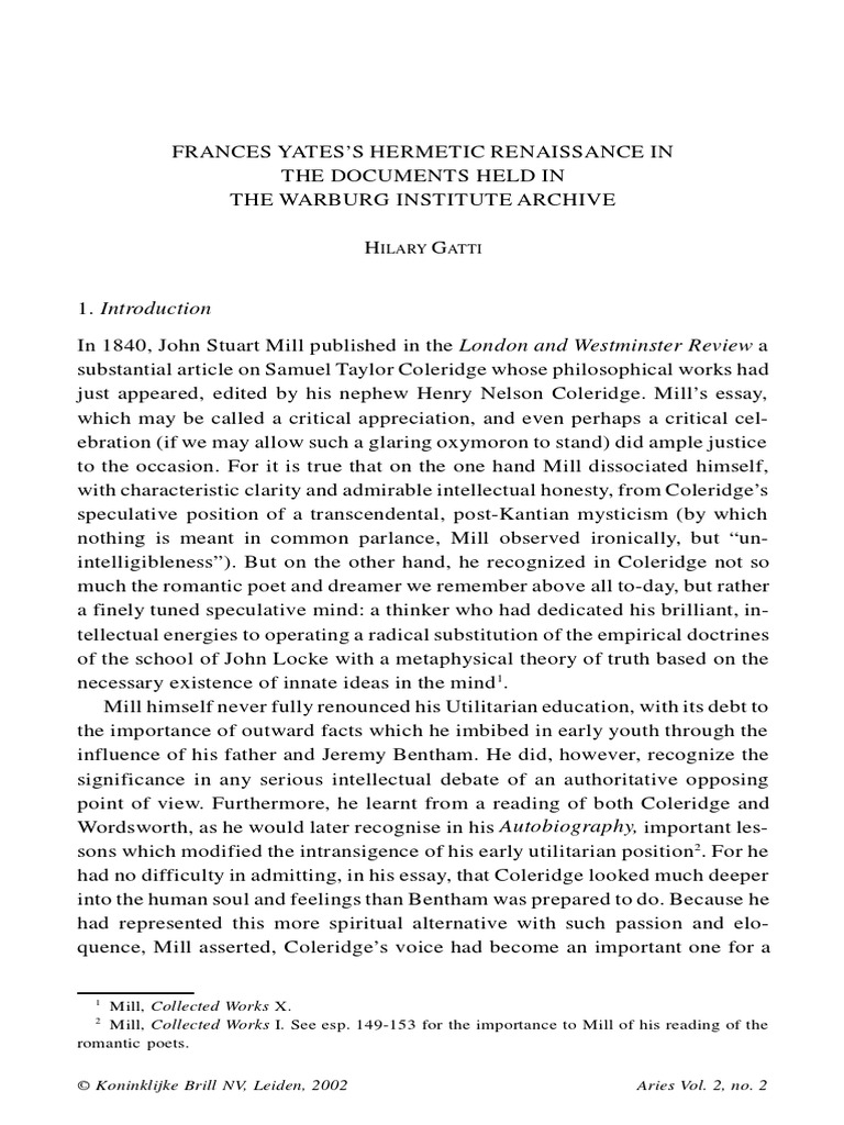 Frances Yates's Hermetic Renaissance in The Documents Held in The ...