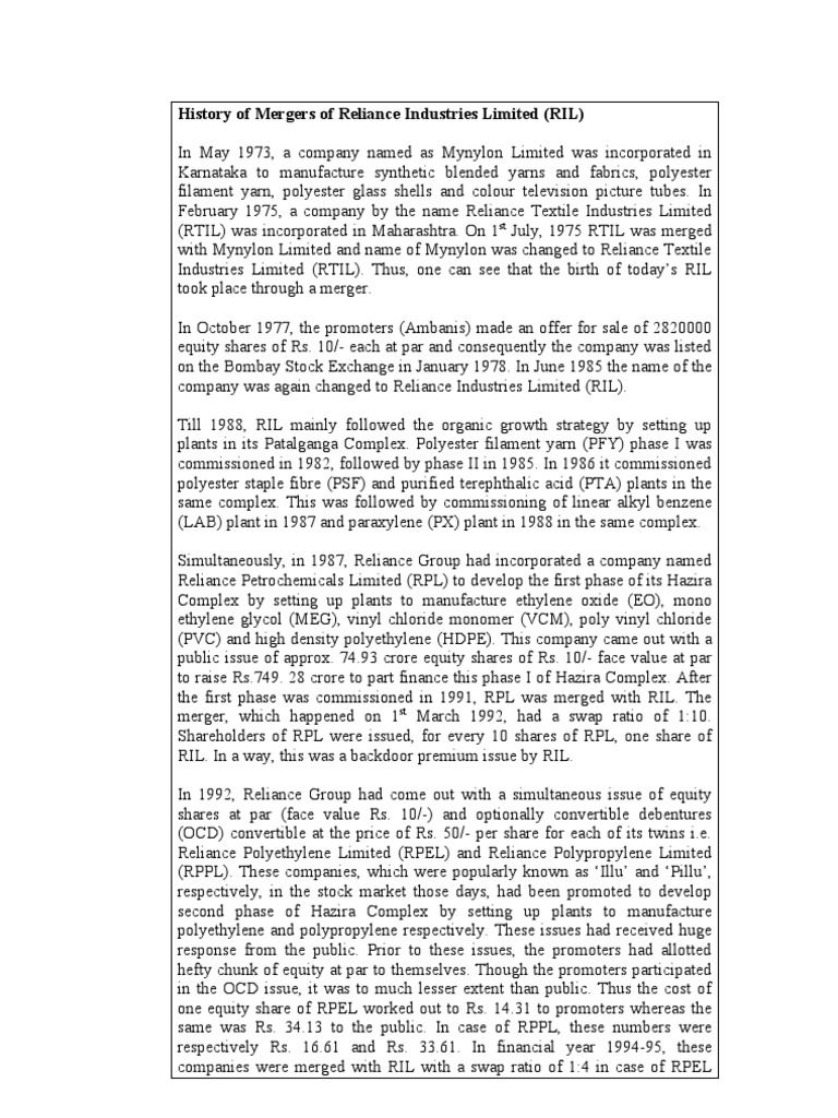 History of Mergers of Reliance Industries Limited | PDF | Polyester ...