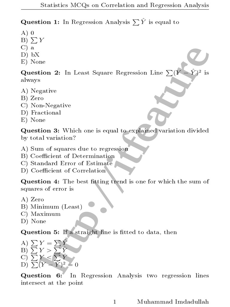 MCQs On Correlation and Regression Analysis | PDF