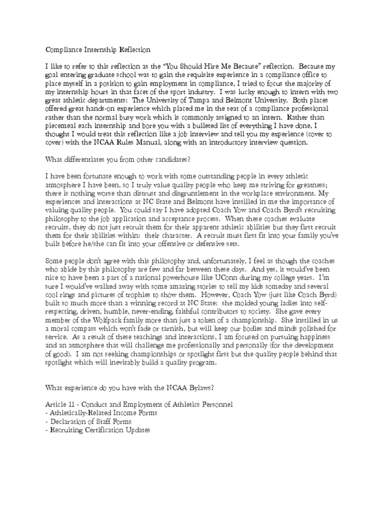 Compliance Internship Reflection | PDF | National Collegiate Athletic ...