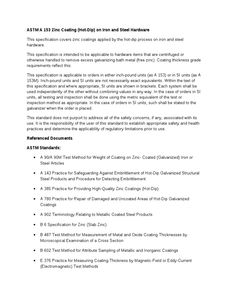 ASTM A 153 Zinc Coating On Iron and Steel Hardware | PDF | Galvanization | Materials