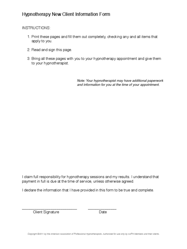 Hypnotherapy NewClient Form PDF | PDF | Hypnotherapy | Hypnosis
