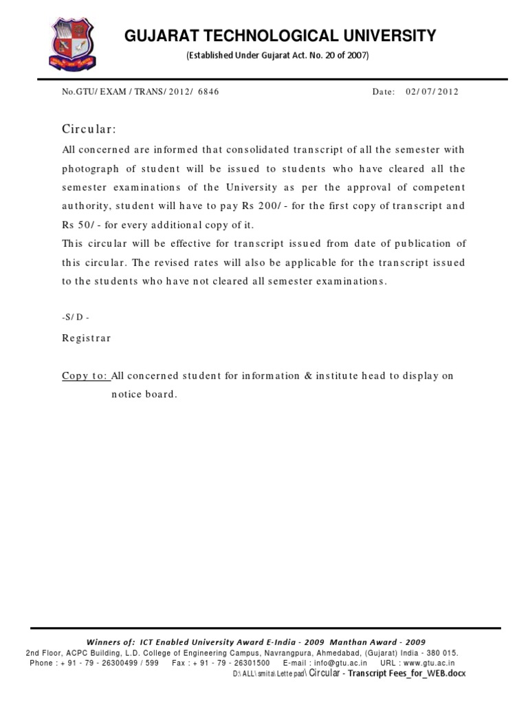 Transcript Cert Gtu Circular