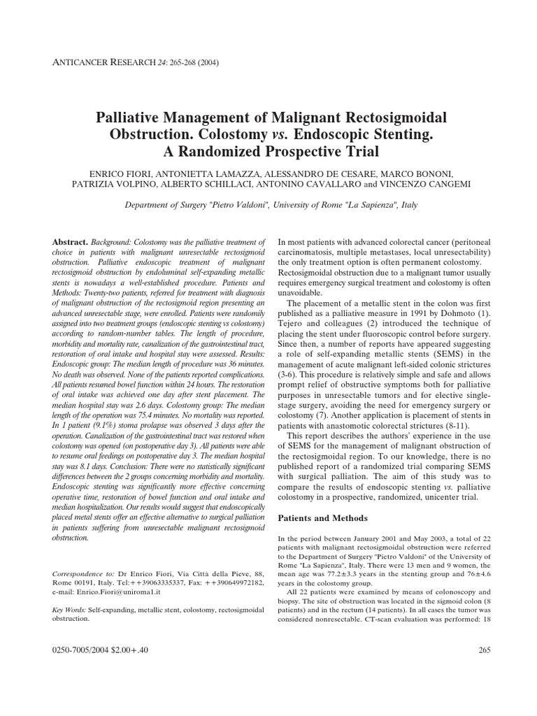 Palliative Management of Malignant Rectosigmoidal Obstruction ...