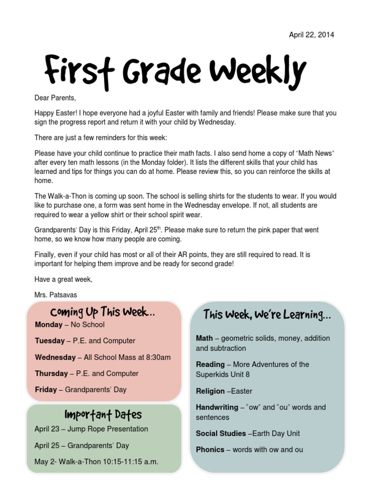 First Grade Newsletter | PDF