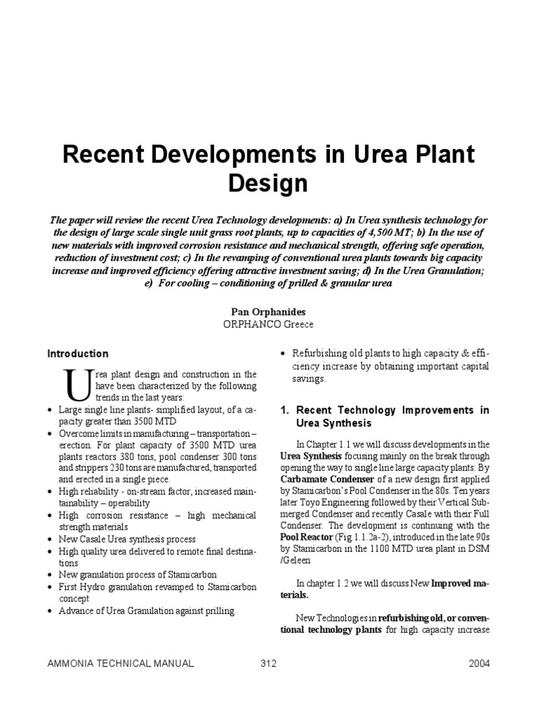 Recent Developments in Urea Plant Design | PDF | Urea | Stainless Steel