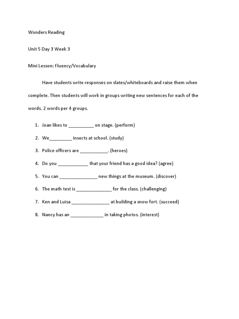 Unit 5 Week 3 Day 3 Vocabulary Fluency | PDF