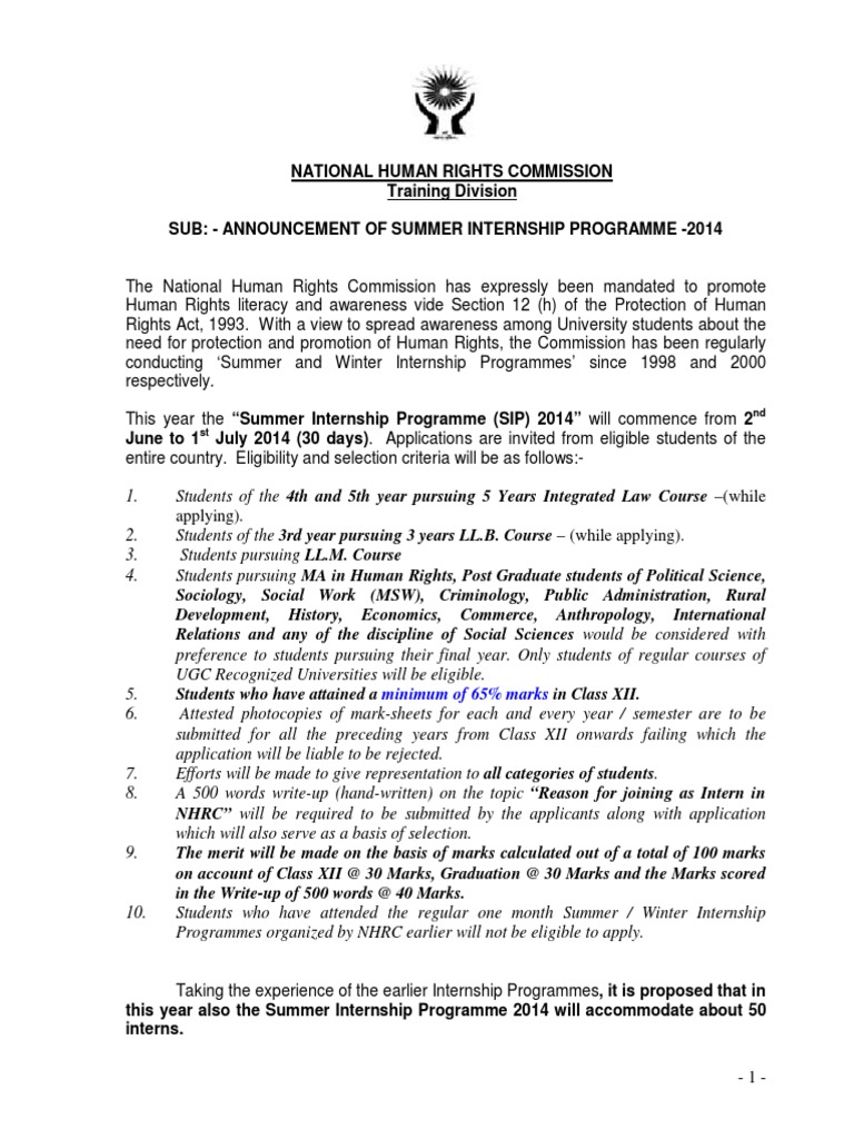 NHRC Advertisement of Summer Internship Programme | PDF | Internship | Job Hunting