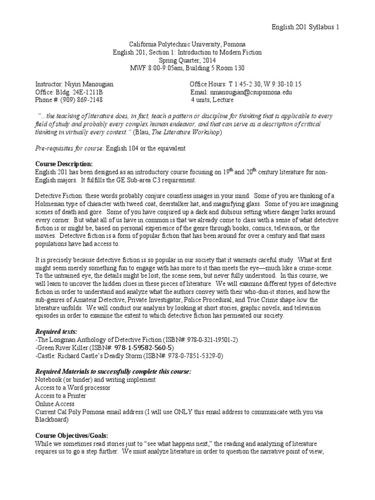 English 201 Syllabus | PDF | C. Auguste Dupin | Detective Fiction