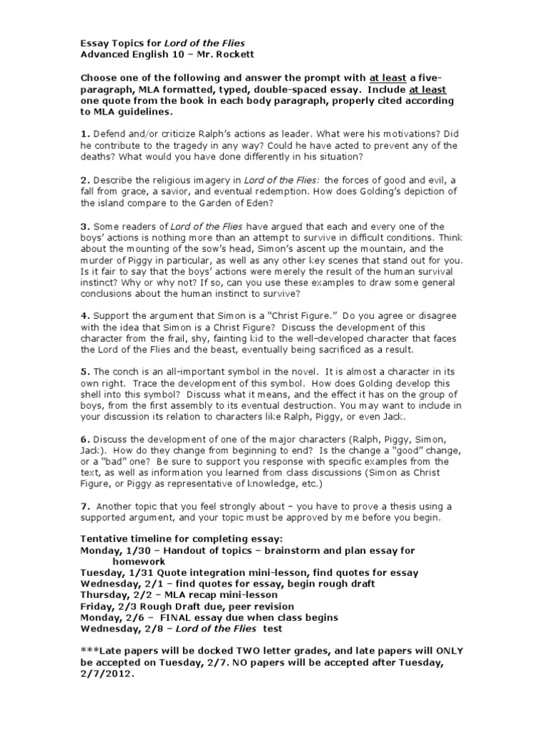 Essay Topics For Lord of The Flies | PDF | Essays