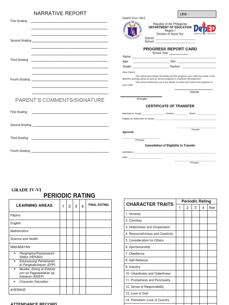 Deped Form 138-E Report Card Grades 4 To 6 Blank | PDF