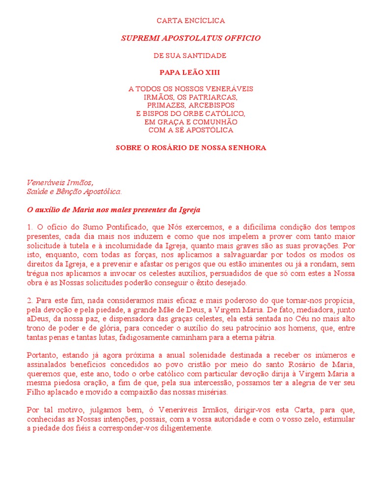 Carta Encíclica Supremi Apostolatus Officio | PDF | Rosário | Maria, mãe de Jesus