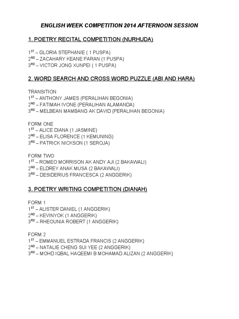 English Week Competition 2014 Afternoon Session Result | PDF